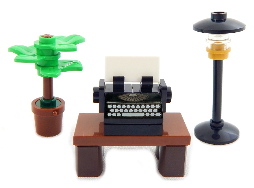 LEGO Minifig-scale Classic Typewriter, Table, Lamp, and Plant